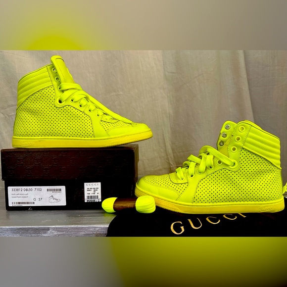 Gucci | Shoes | Authentic Gucci Neon Green Lace Up High Top Sneakers ...